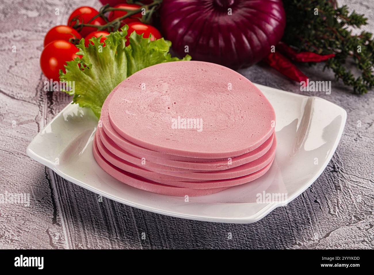 Boiled pork sliced sausage stack for breakfast Stock Photo - Alamy