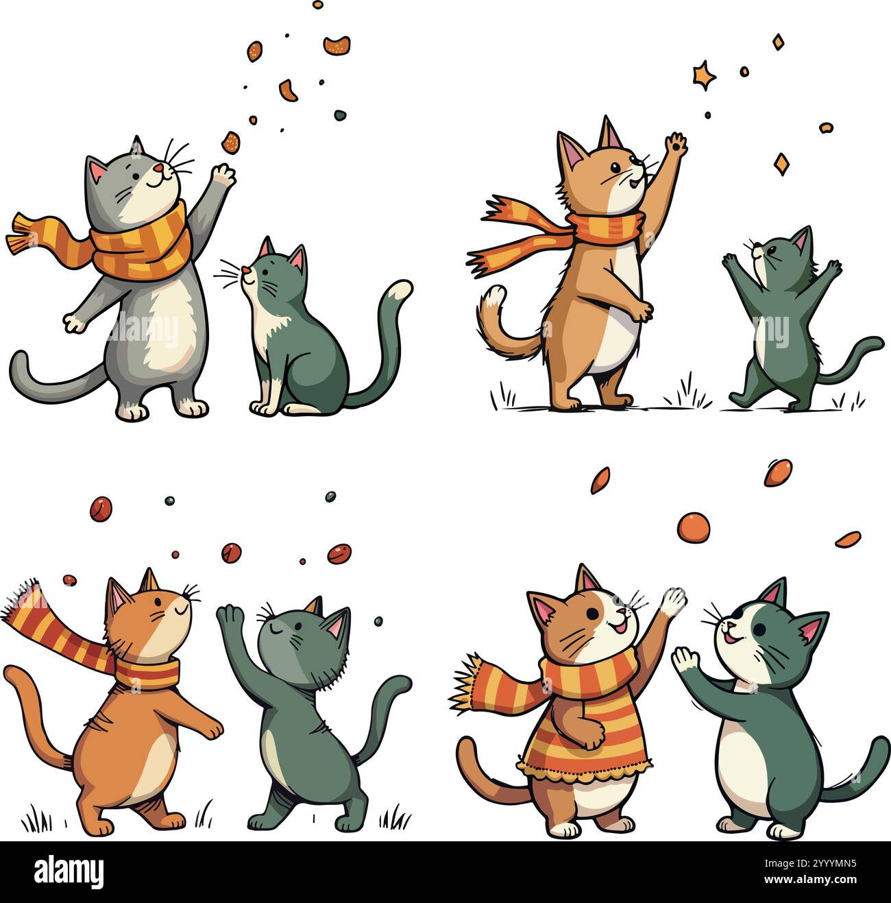 Charming illustration of cats wearing scarves, joyfully playing with ...