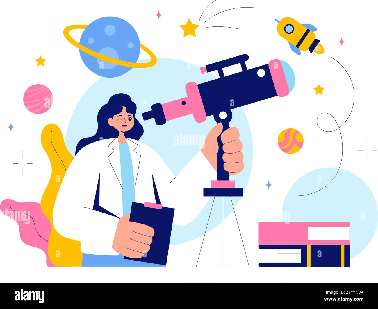 Astronomy Vector Illustration featuring People Observing a Starry Night ...