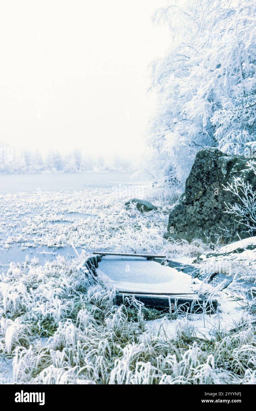 Old sunken rowing boat frozen in the ice at the lakeshore Stock Photo ...