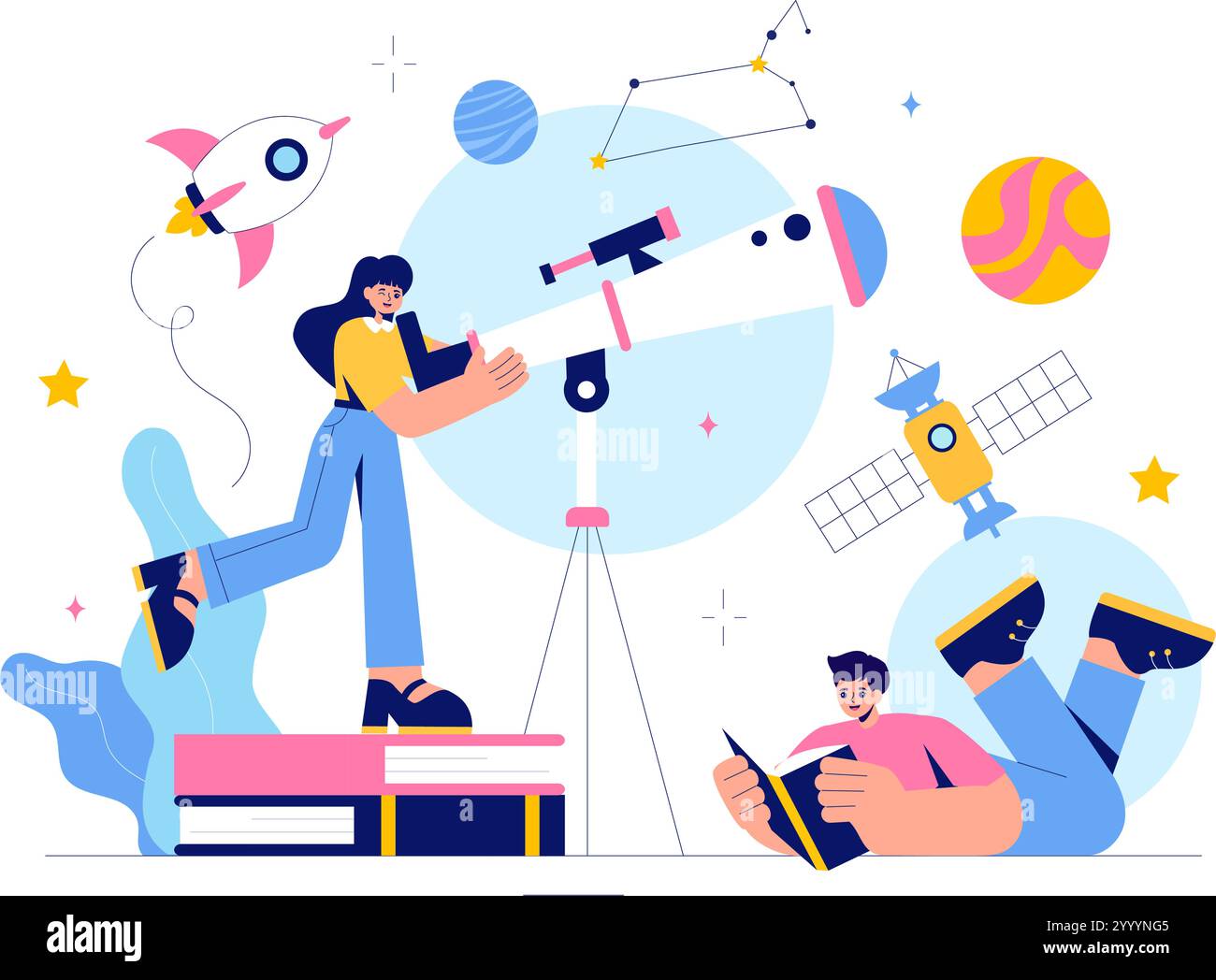 Astronomy Vector Illustration featuring People Observing a Starry Night ...