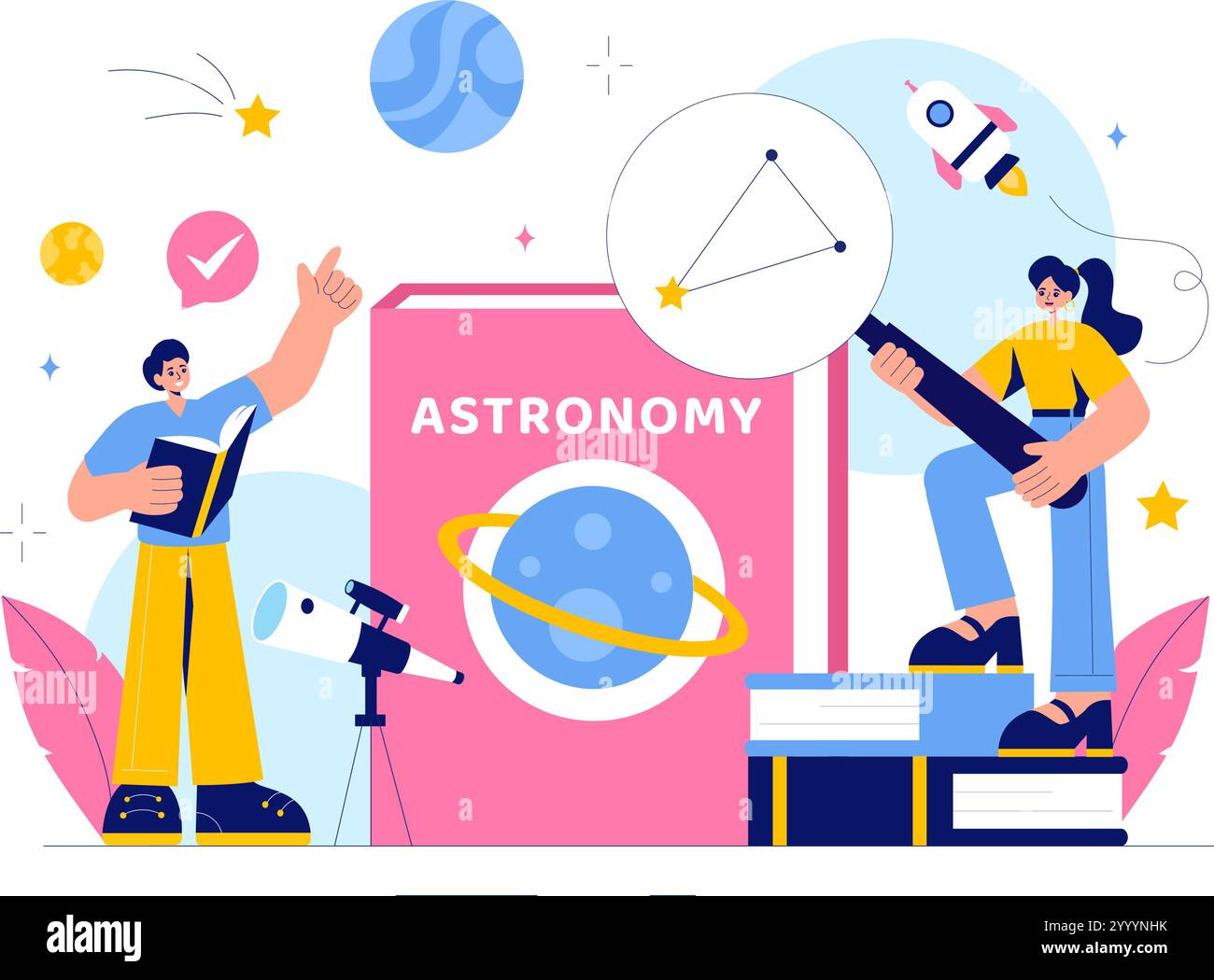 Astronomy Vector Illustration featuring People Observing a Starry Night ...