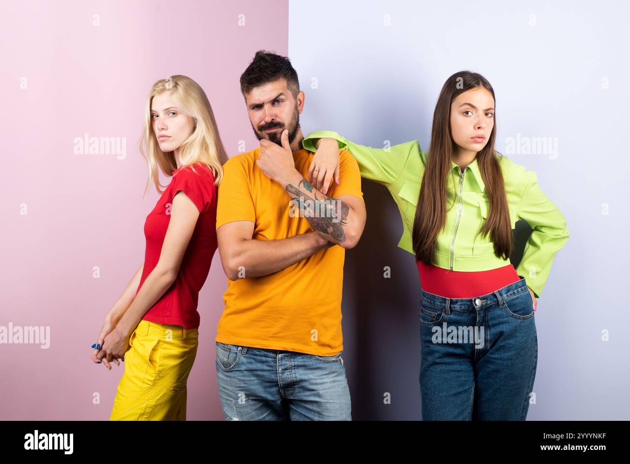 Group of friends posing in studio. Group of tree People. Friends face ...