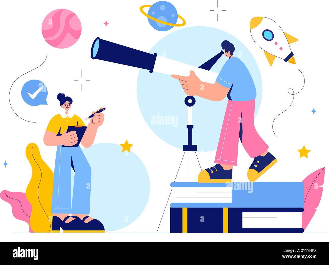 Astronomy Vector Illustration featuring People Observing a Starry Night ...