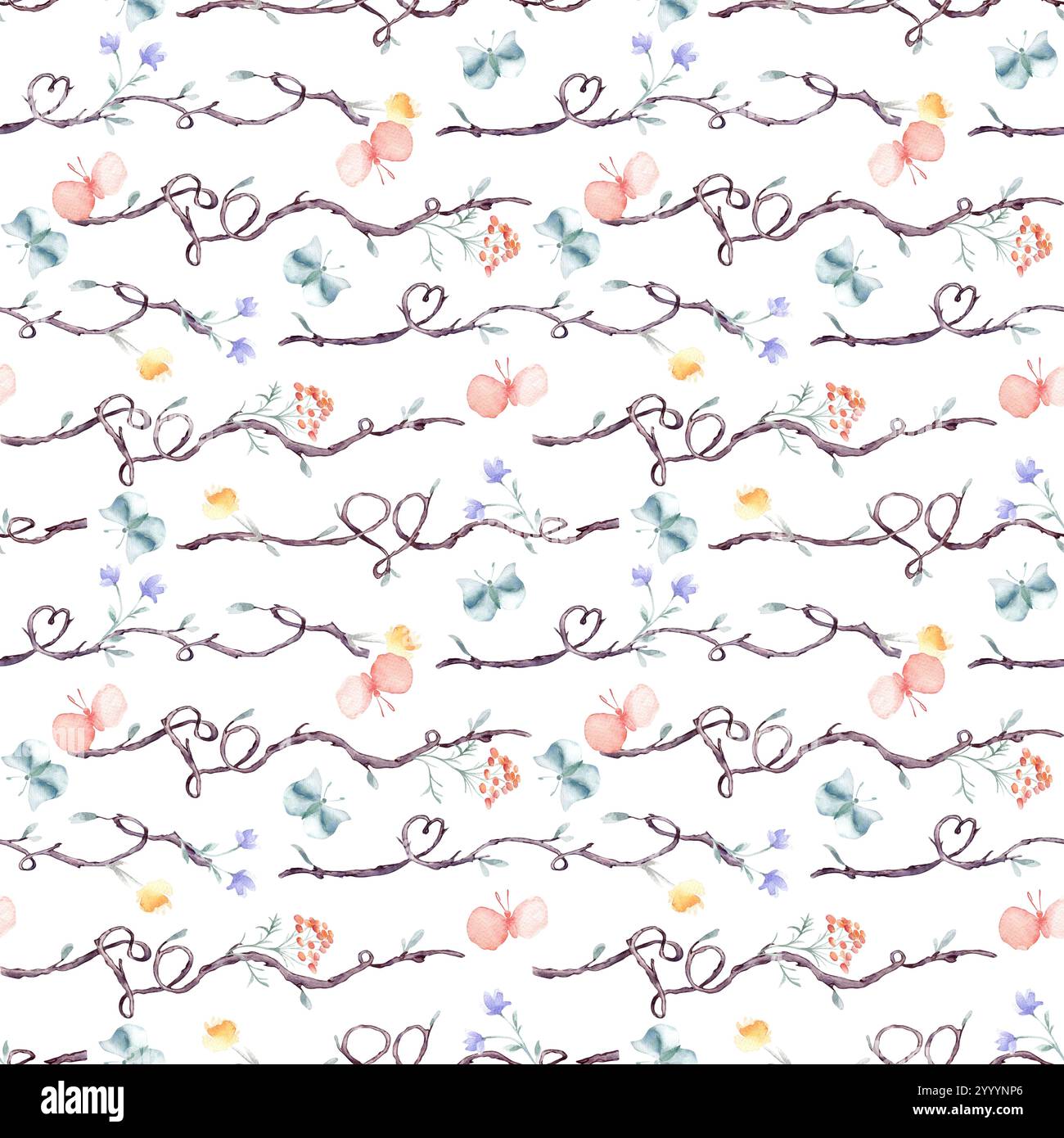 Tree branches, nature hearts and gentle floral elements watercolor ...