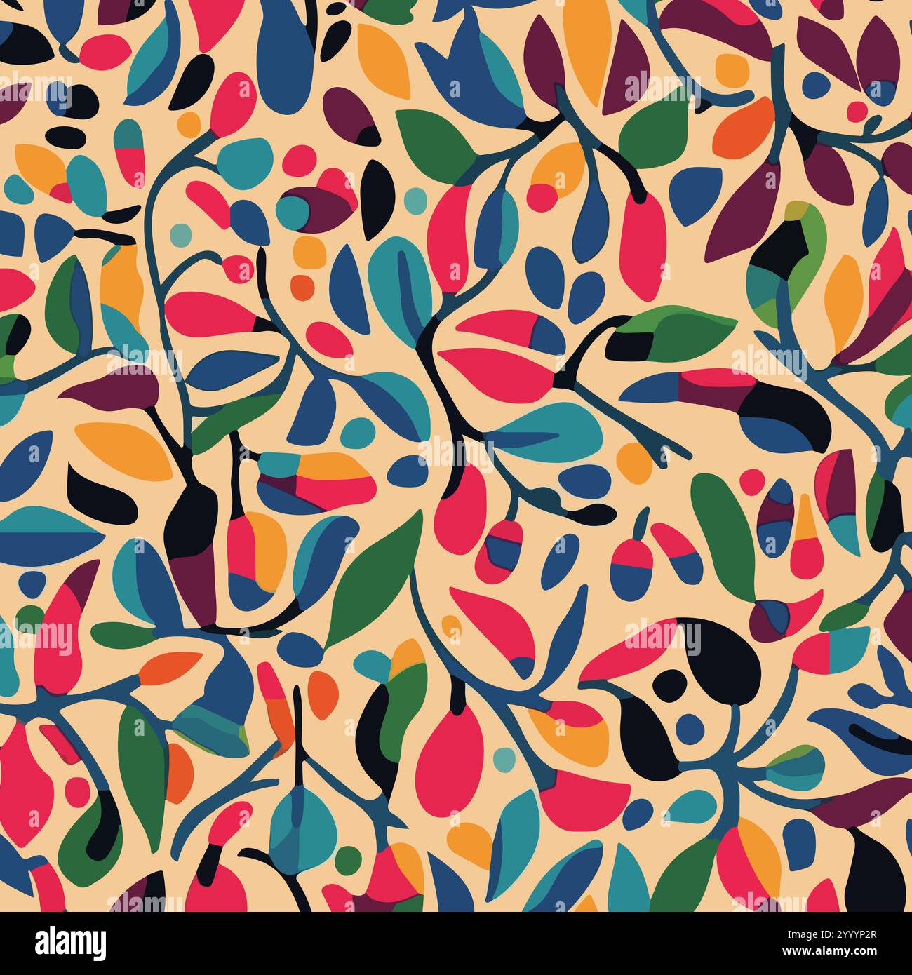 A lively abstract pattern featuring multicolored leaves and organic ...