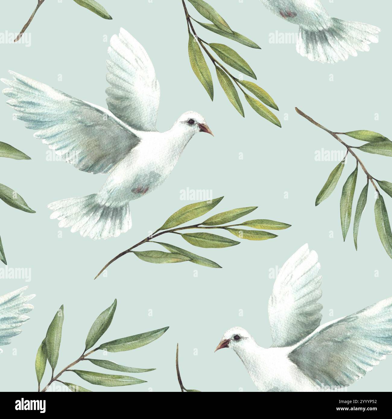 Pigeon and green olive branches seamless pattern. White flying dove ...