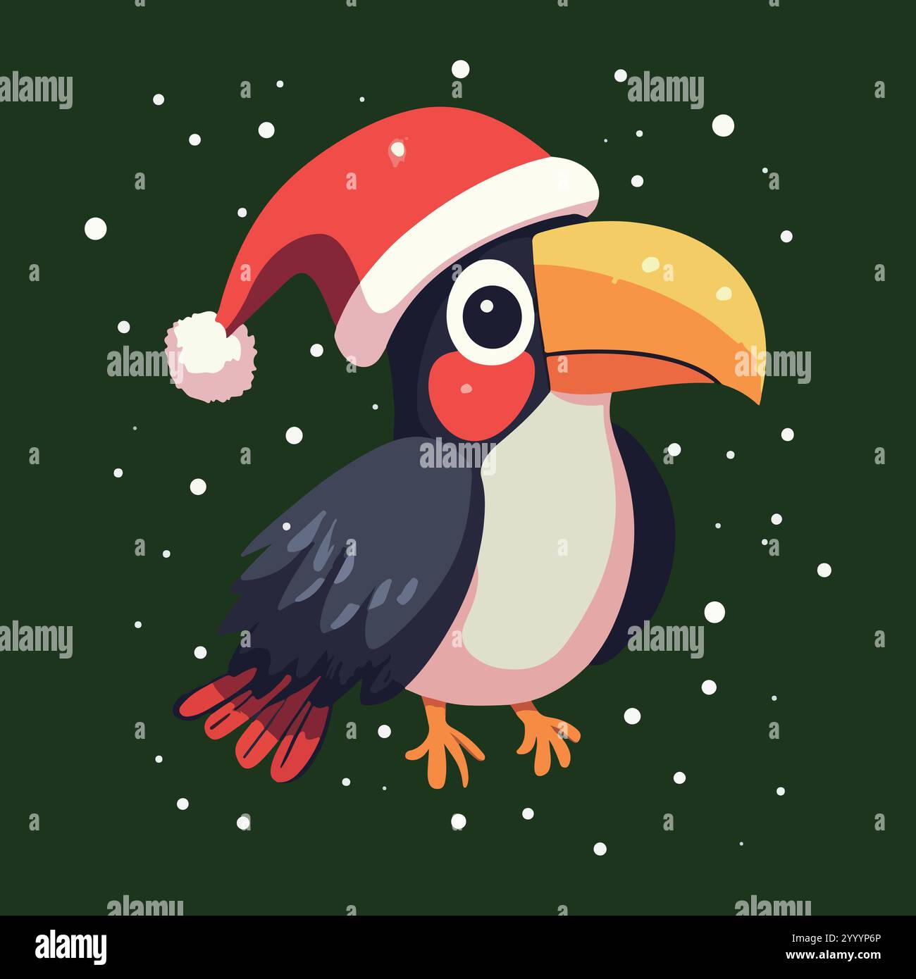 Cute cartoon illustration of a cheerful toucan wearing a Santa hat, set ...