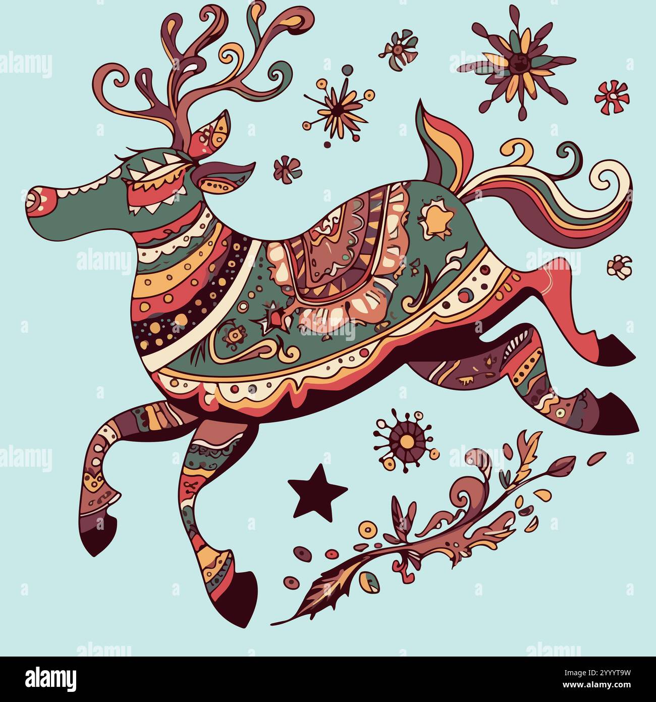 A whimsical reindeer illustration inspired by folk art, decorated with ...