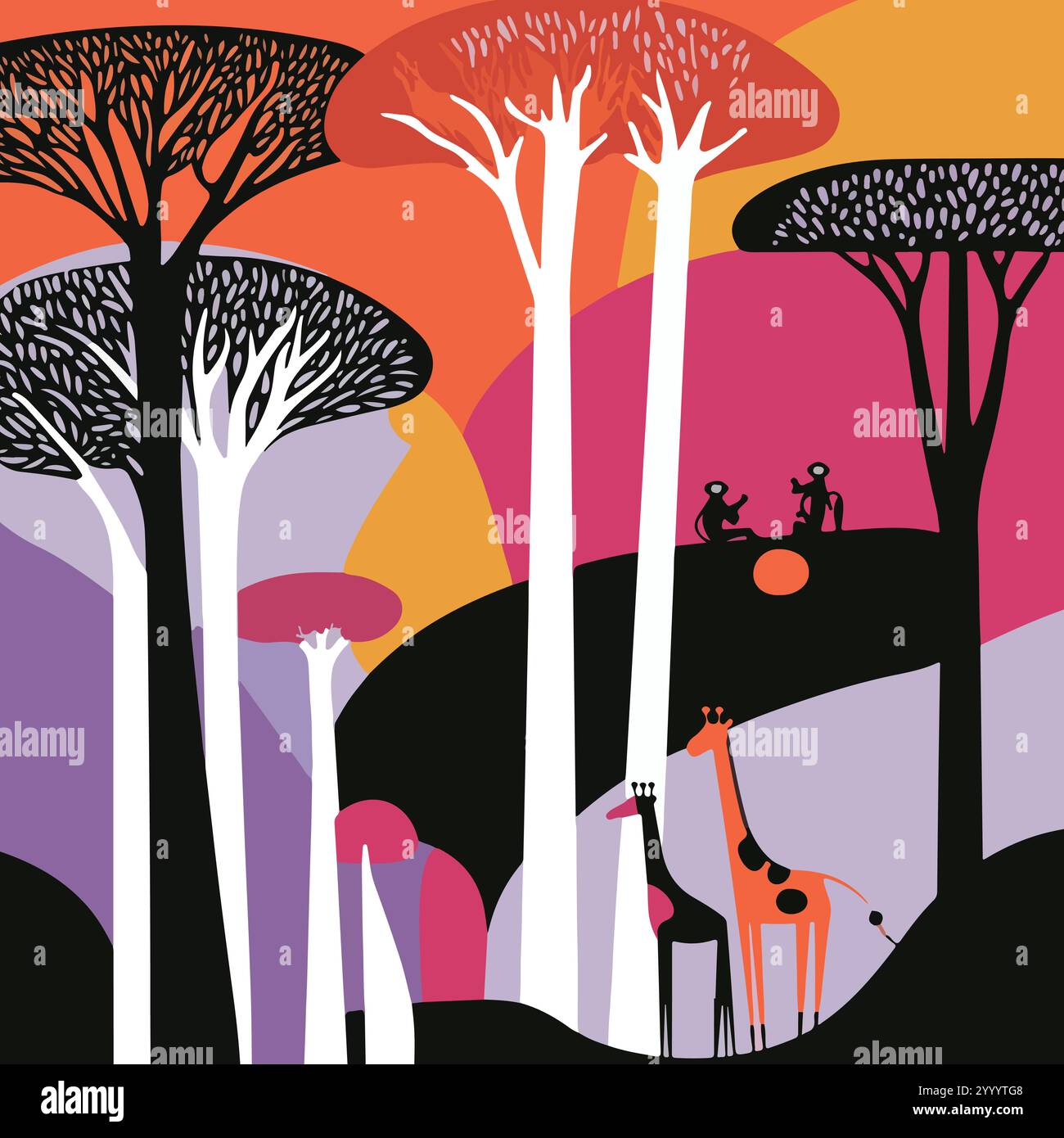 A vibrant, abstract illustration of an African savannah with stylized ...