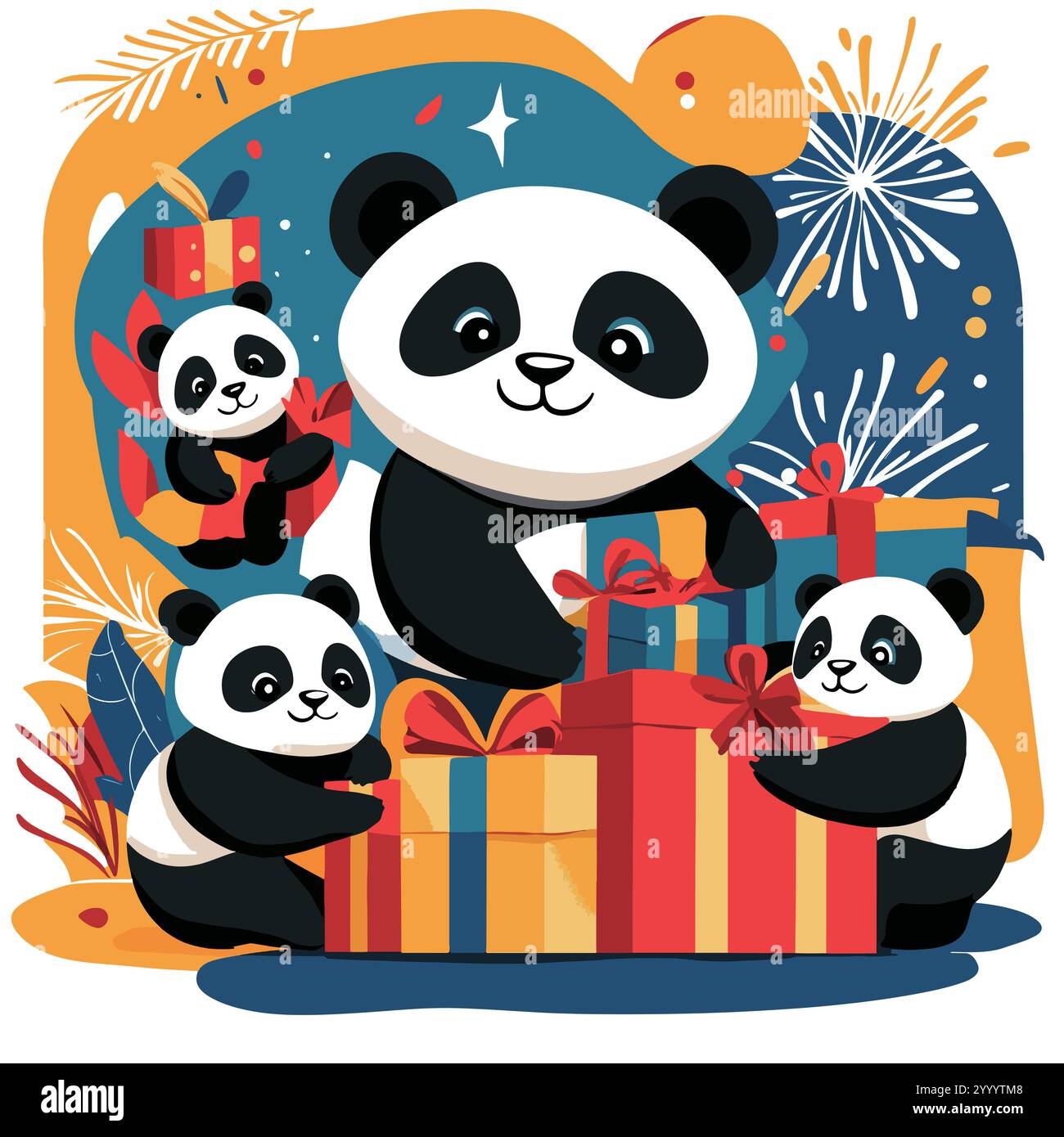 A joyful illustration of a family of pandas surrounded by colorful ...