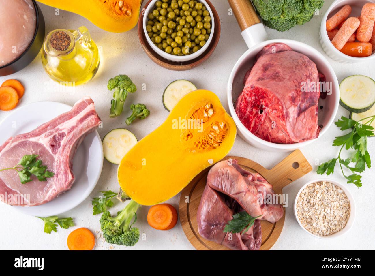 BARF food ingredients, healthy balanced diet for animal background ...