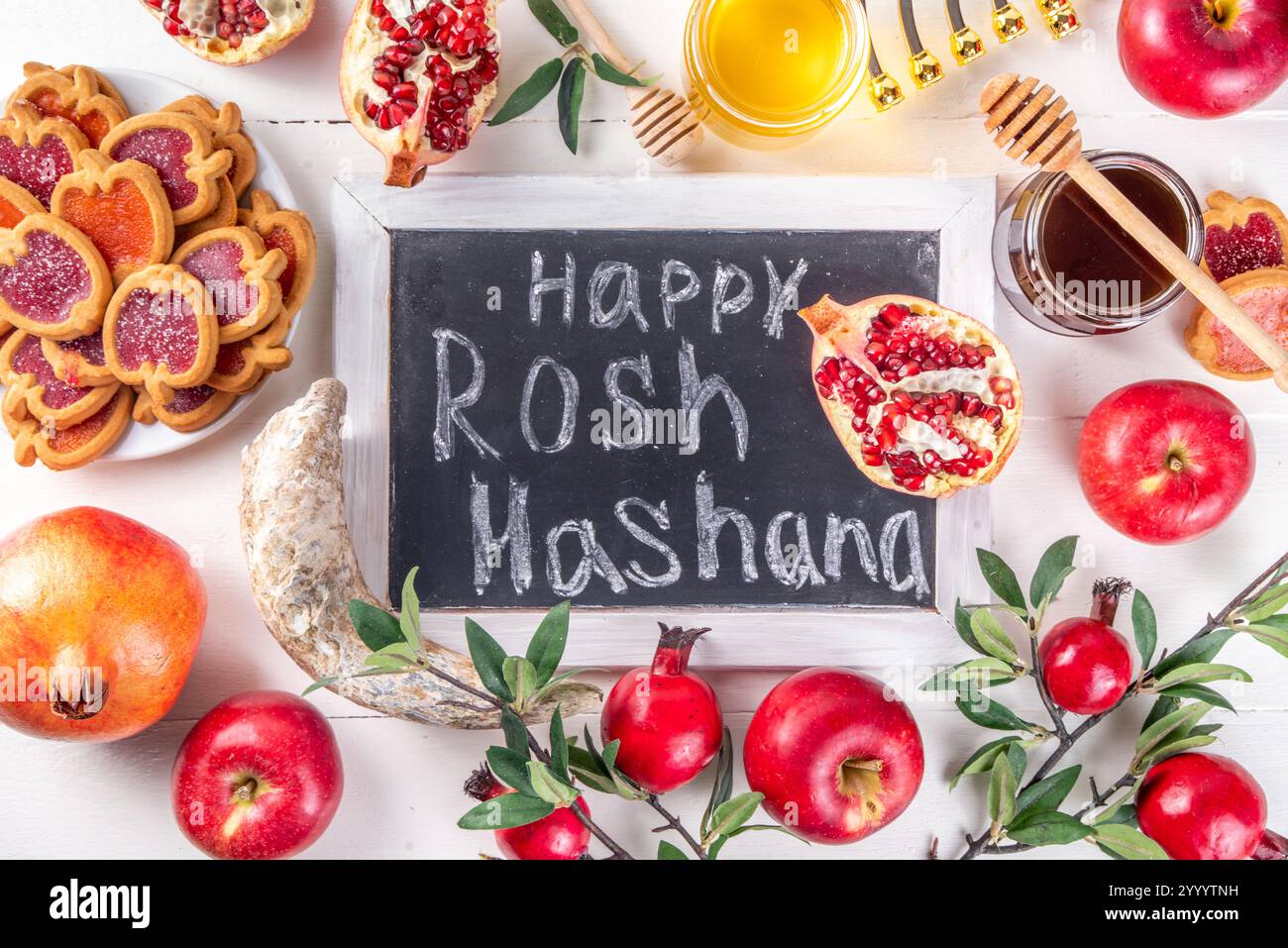 Rosh hashana jewish holiday background with red apples, honey ...