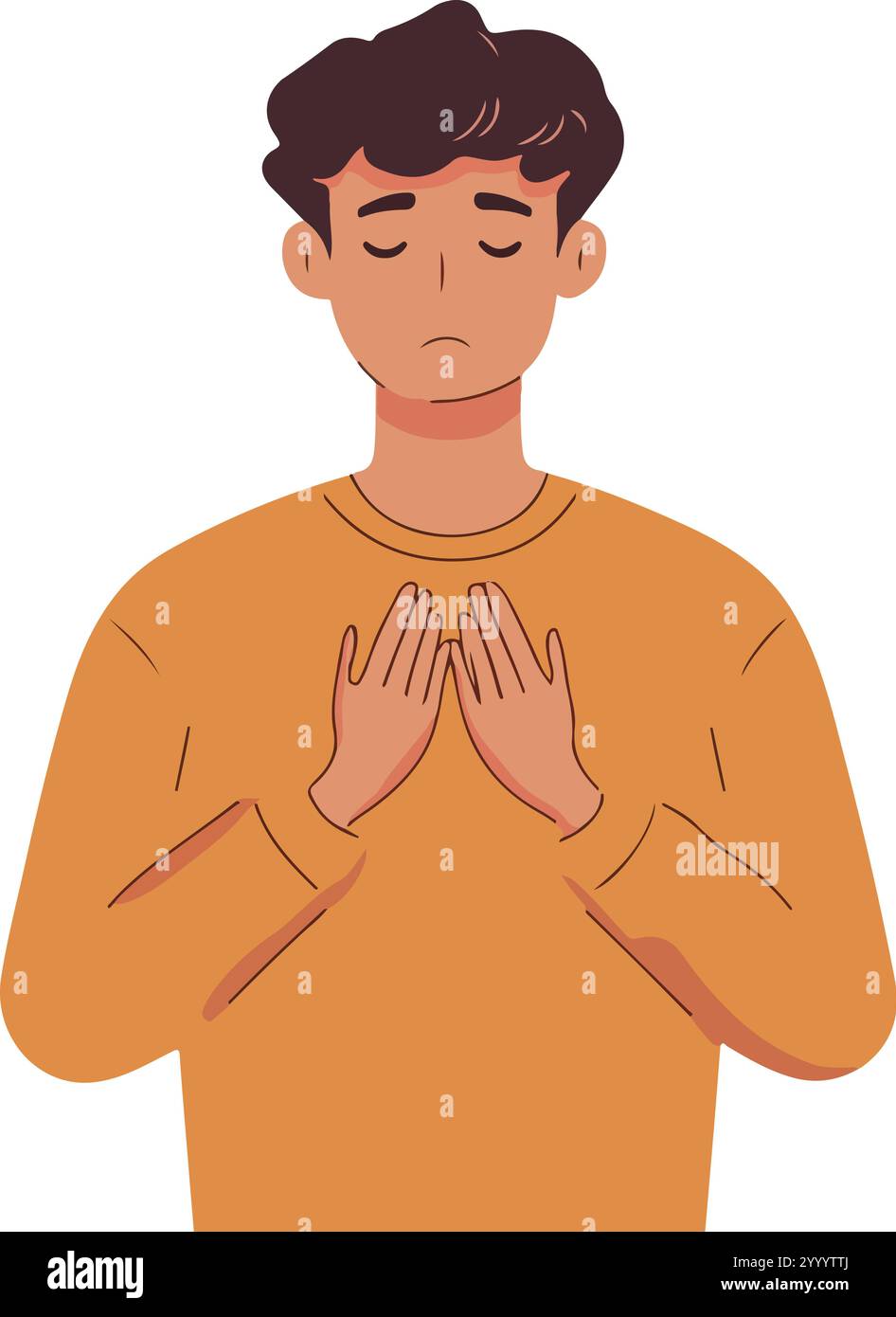 Illustration of a young man with a sad expression, eyes closed, and ...