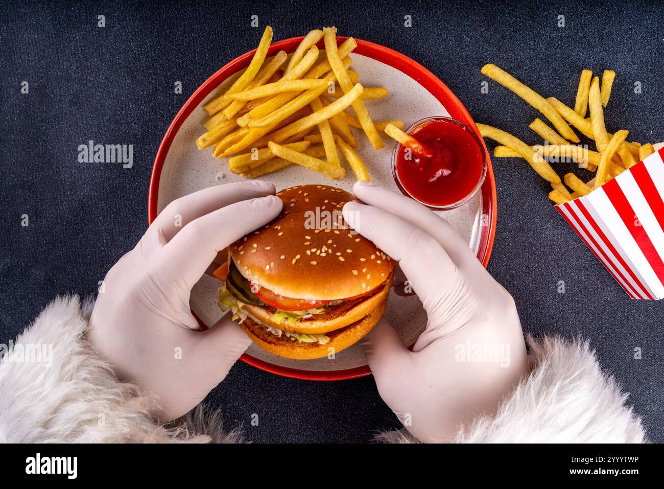 Christmas burger and french fries delivery menu. Santa hands with big ...