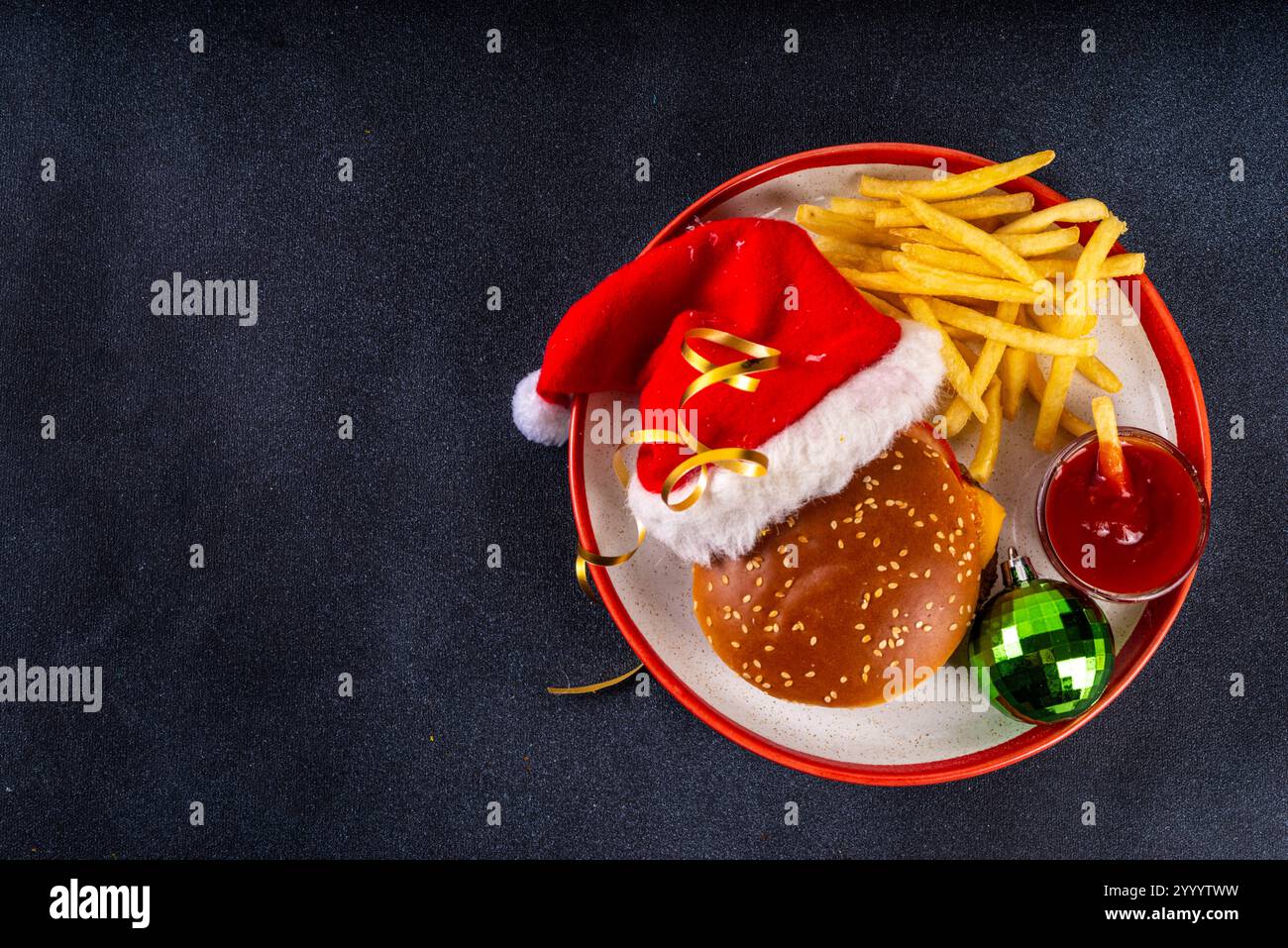 Christmas burger and french fries delivery menu. Big cheeseburger with ...