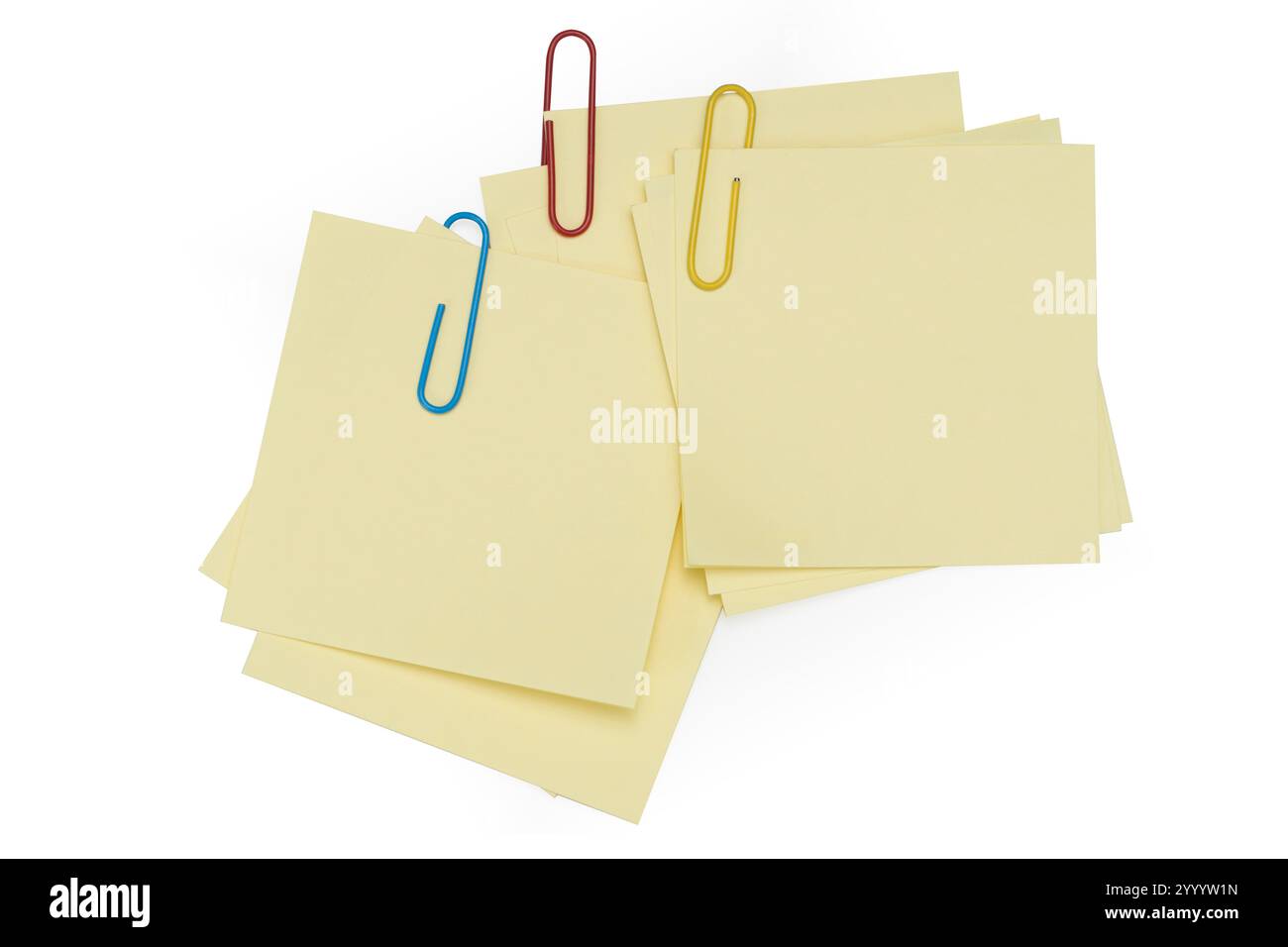 Office table with pen, note papers and paper clips top view. Blank post ...