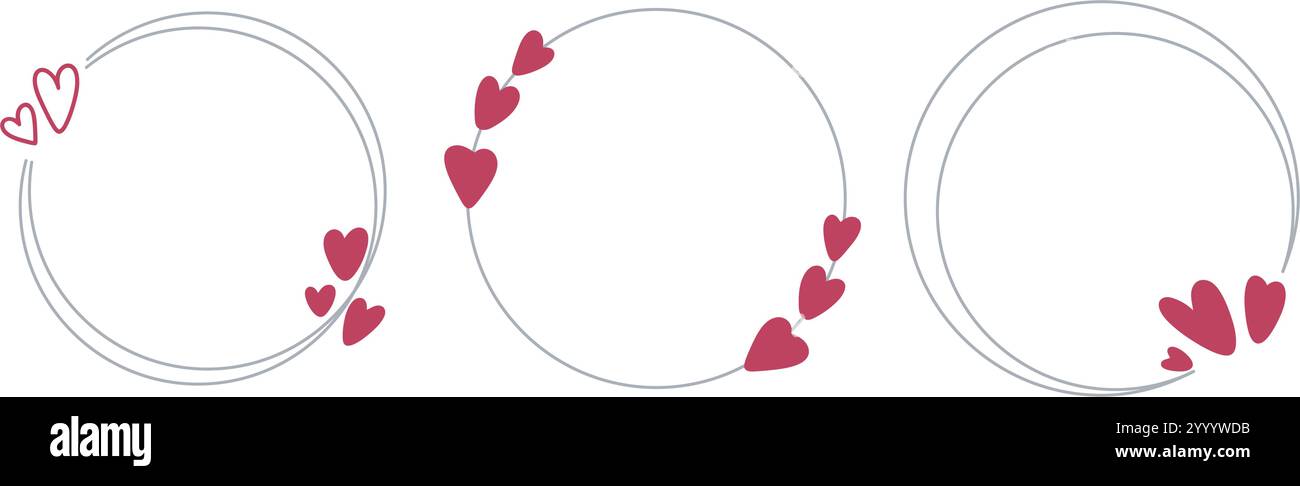 Round frames with hearts set. Cute simple circular shapes for ...