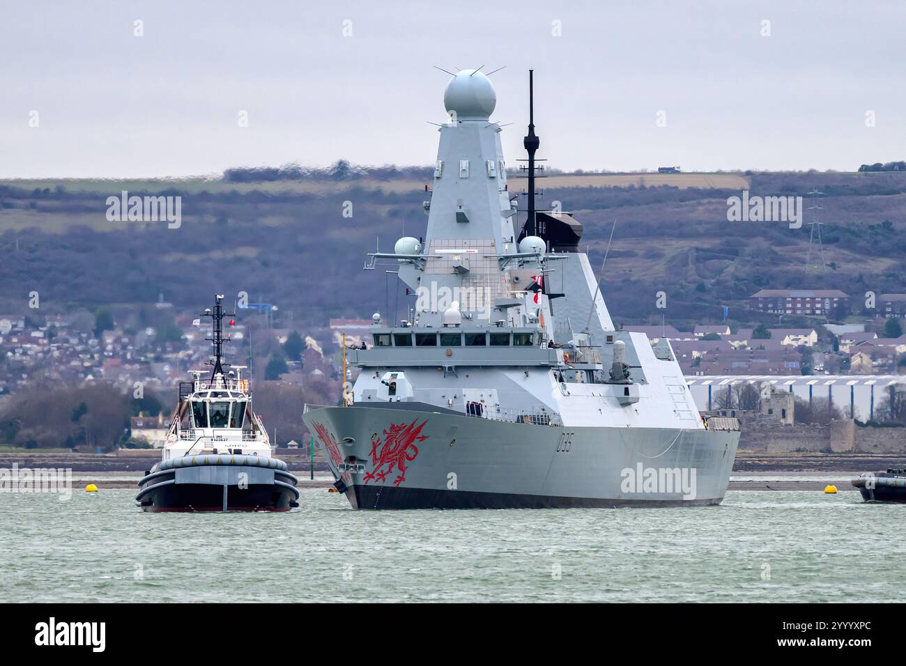 The Royal Navy Type 45 destroyer HMS Dragon (D35) departing Portsmouth ...