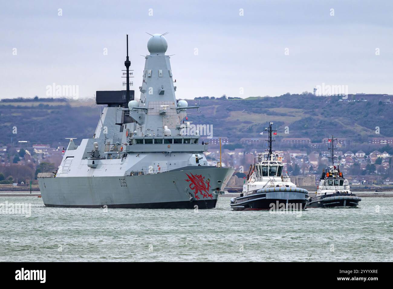 The Royal Navy Type 45 destroyer HMS Dragon (D35) departing Portsmouth ...