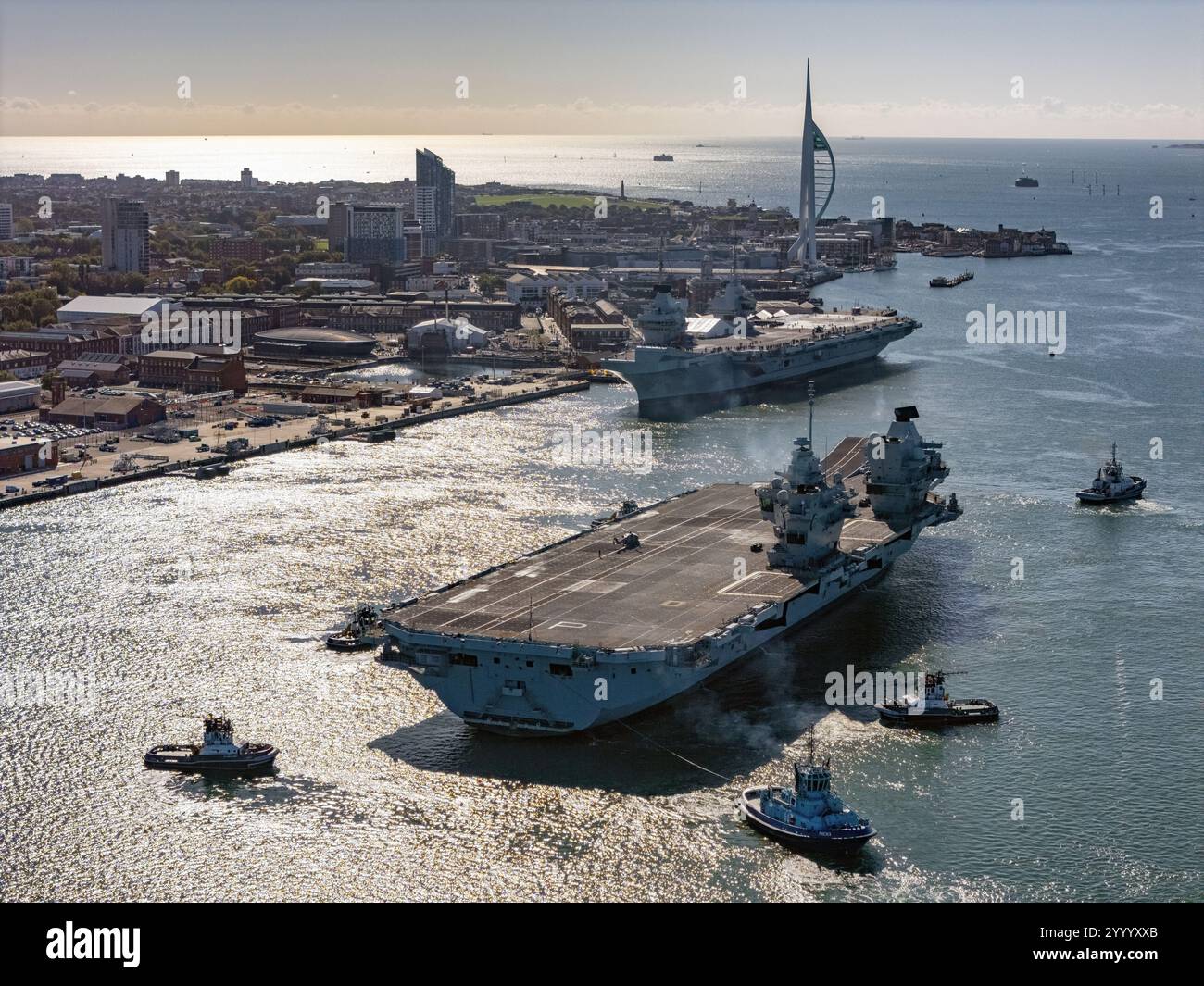 An aerial view of the Royal Navy aircraft carriers HMS Prince of Wales ...