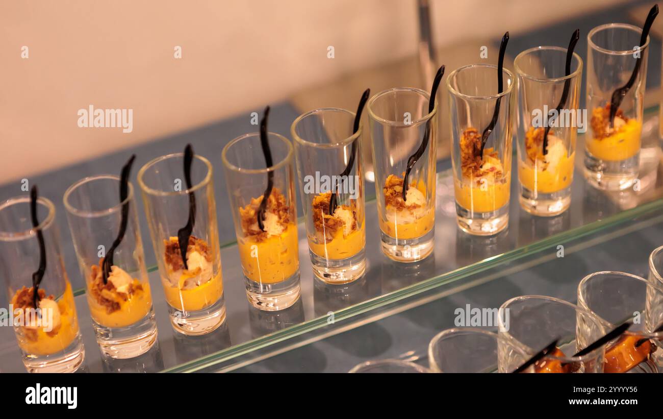 A contemporary hotel dining area featuring a sleek buffet setup Stock ...