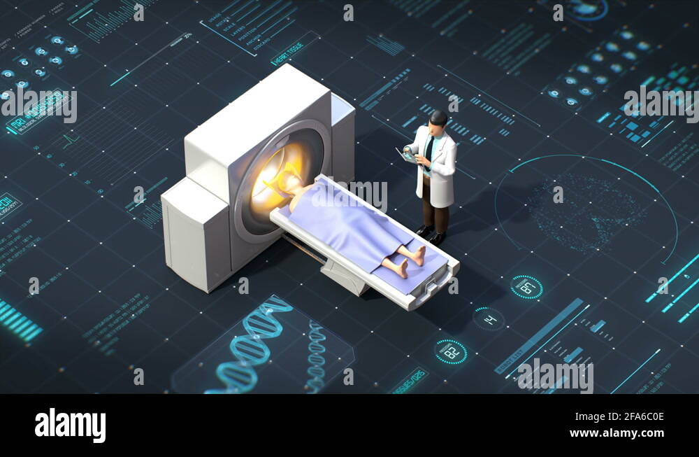 MRI scanner vector of doctor and patients on user interface. future ...