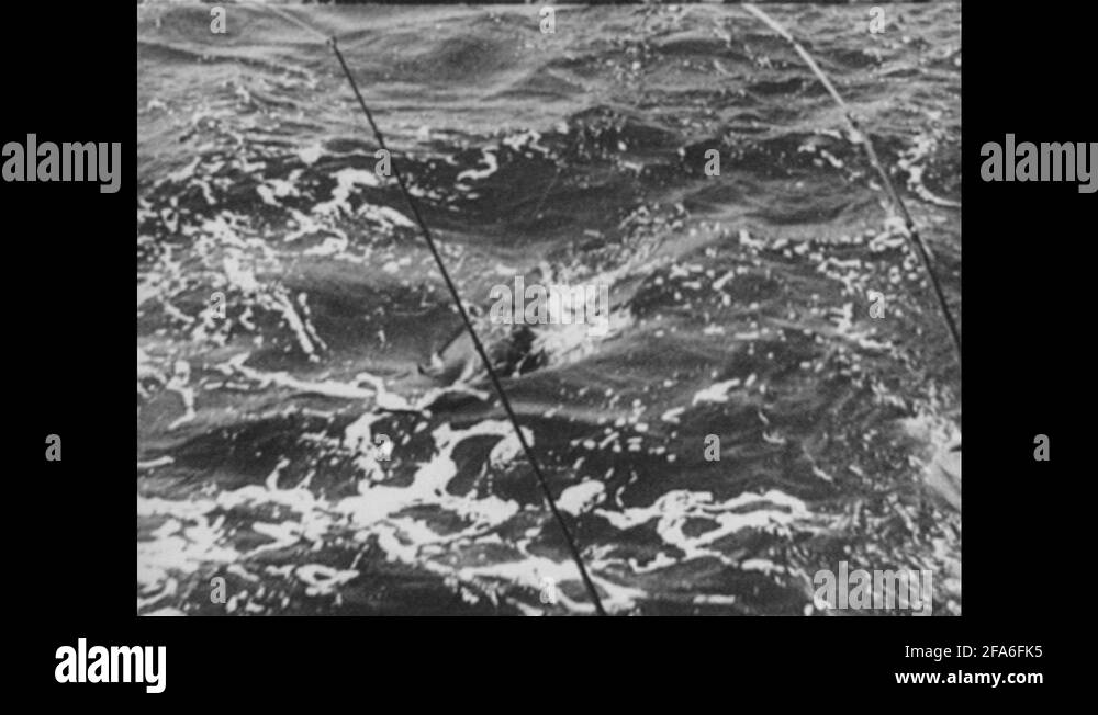 1950s: Fishing poles hanging off boat at sea with lines in water ...