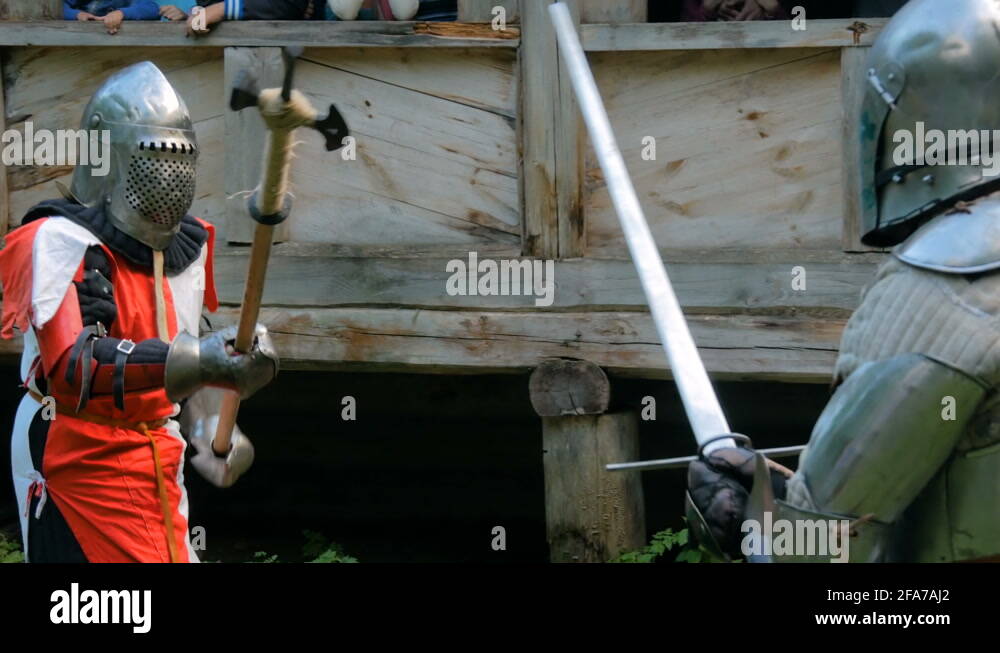 Two medieval knights fighting Stock Video Footage - Alamy