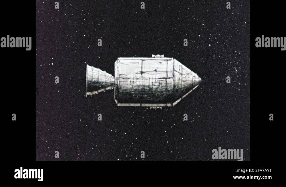 1960s: Thrusters fire on spacecraft. Line shows path of spacecraft from ...