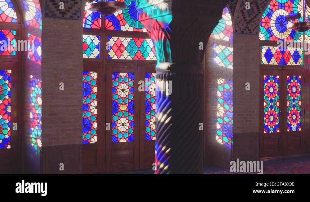 Colorful stained glass windows inside the Nasir al-Mulk Mosque Stock ...