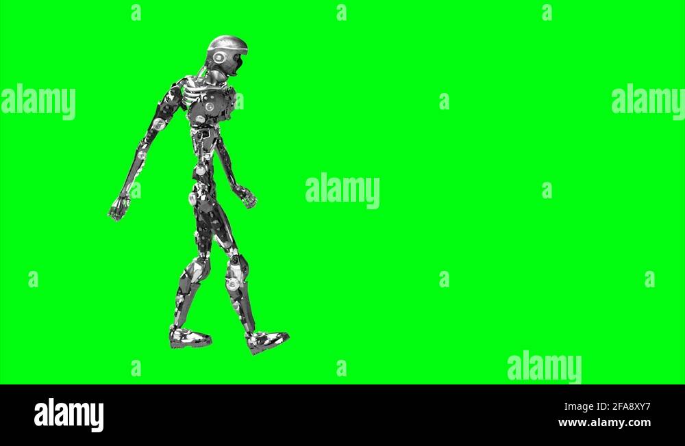 Running cyborg, walking robot render 3D on a green background Stock ...