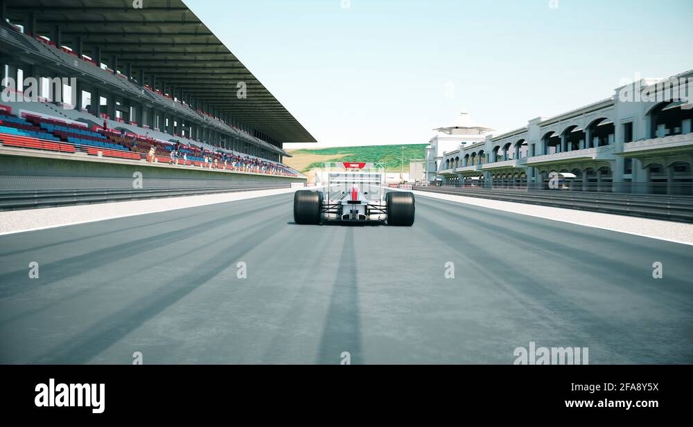 Formula one racing car crossing finish line and braking then winning ...