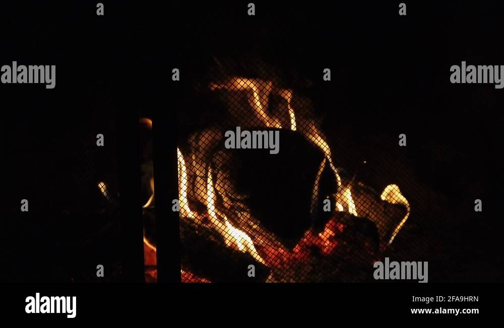 Slowmotion Burning Fire In The Fireplace with Wood And Embers Detailed ...