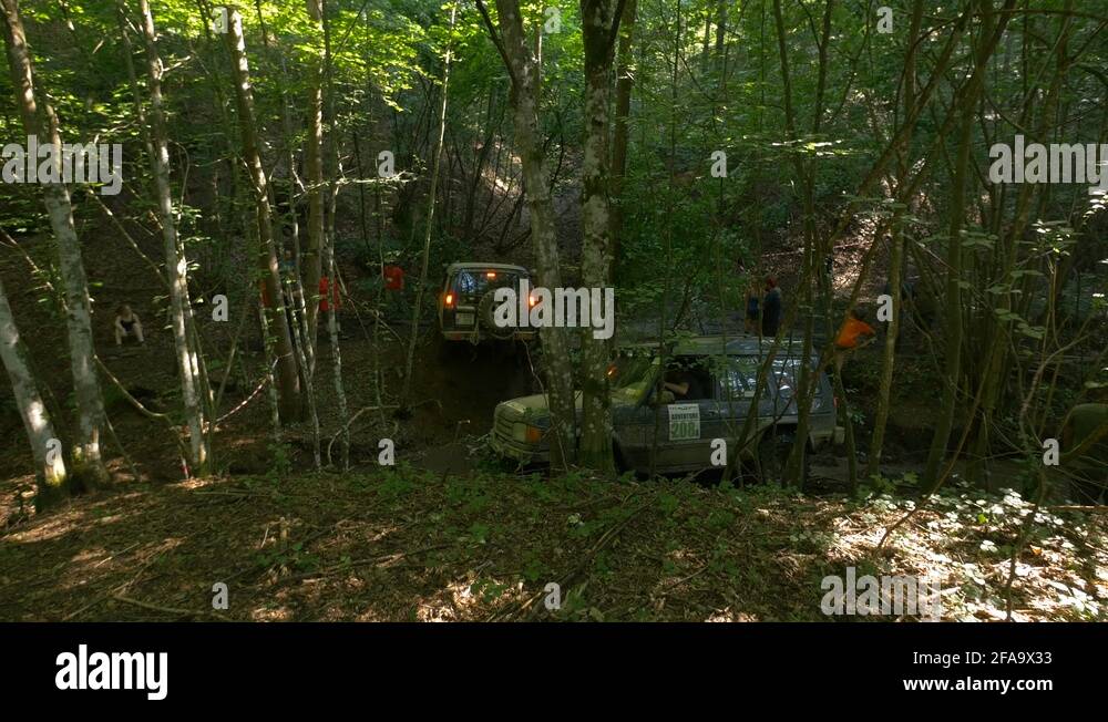 Offroad cars stuck in the forest Stock Video Footage - Alamy