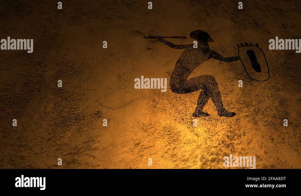 A single Cave Painting of Warrior with dancing fire illumination on ...