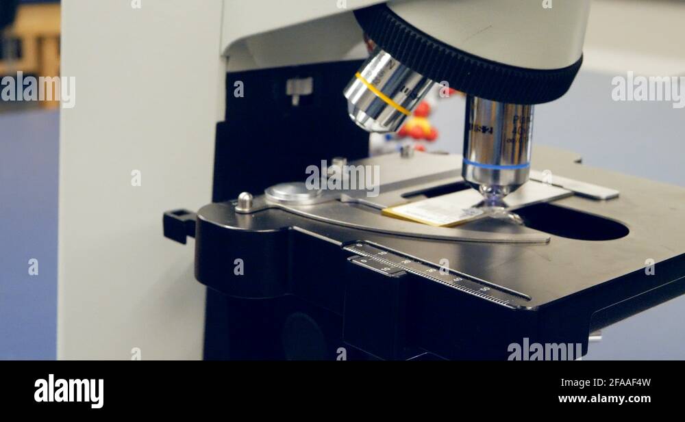 Close up on microscope lenses and a slide with human cancer cells in a ...