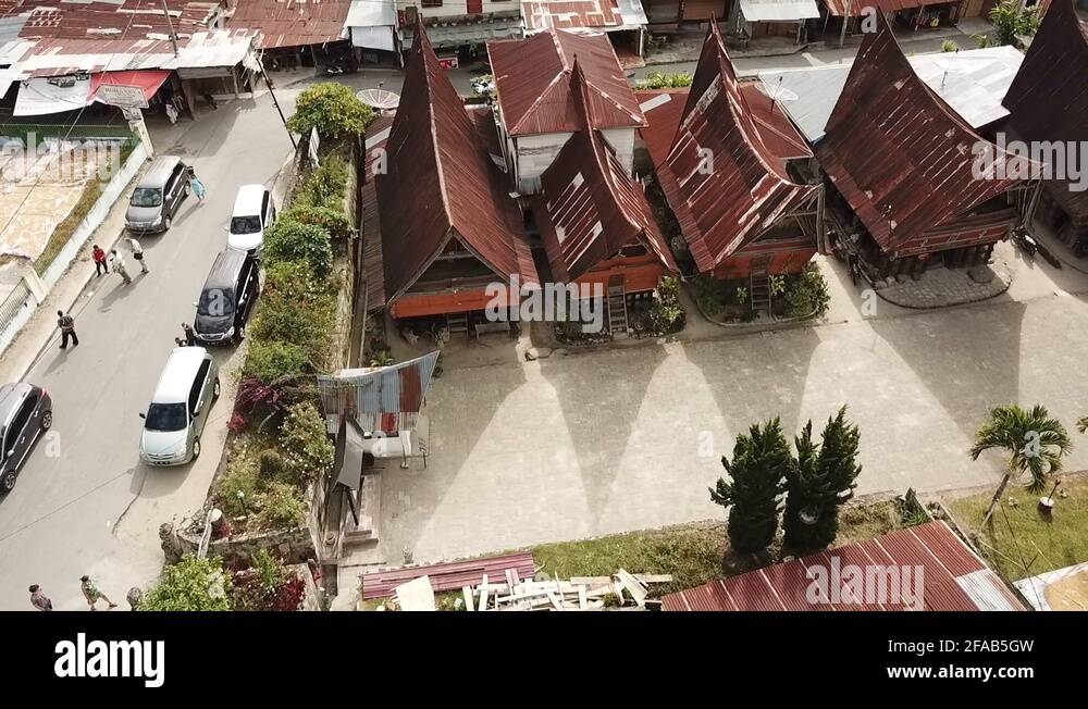 Drone making a circle of the traditional Batak village on Samosir ...