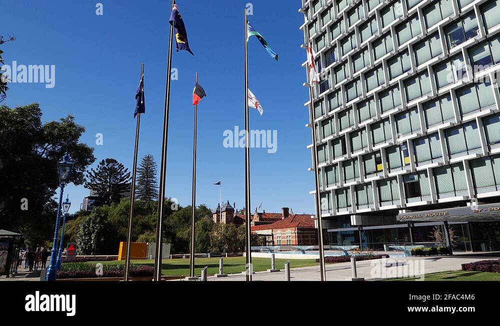 Aboriginal, Australia, Perth city and Swan River Colony flags fly ...