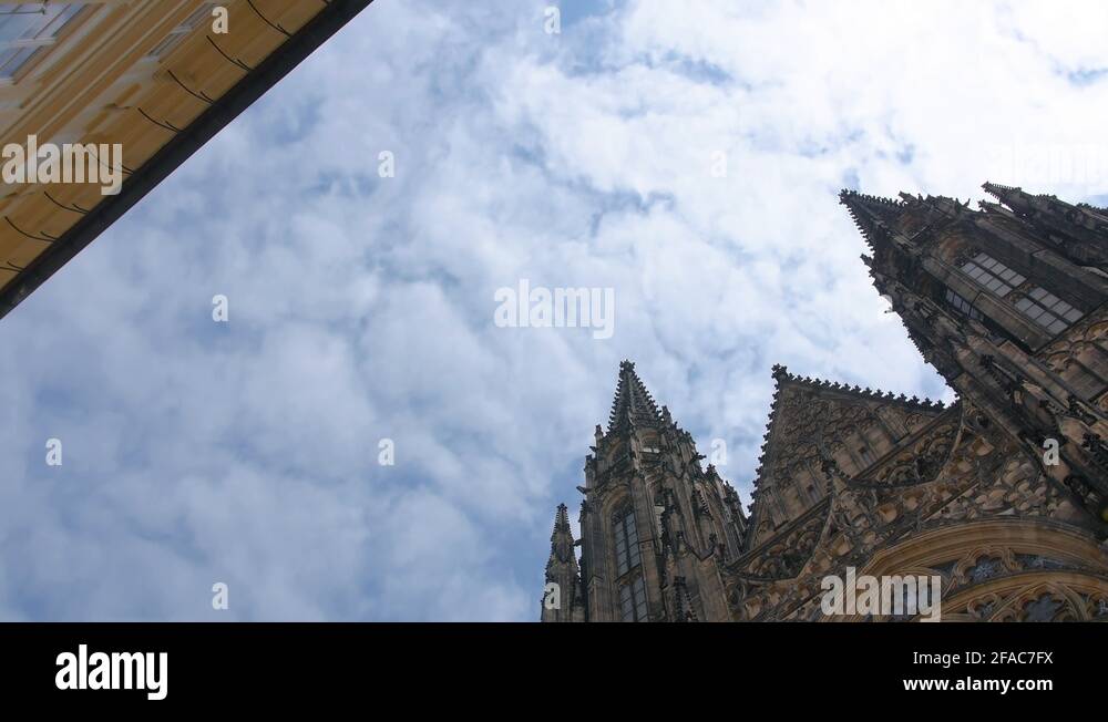 Big European medieval architecture of a cathedral or church, tilt and ...