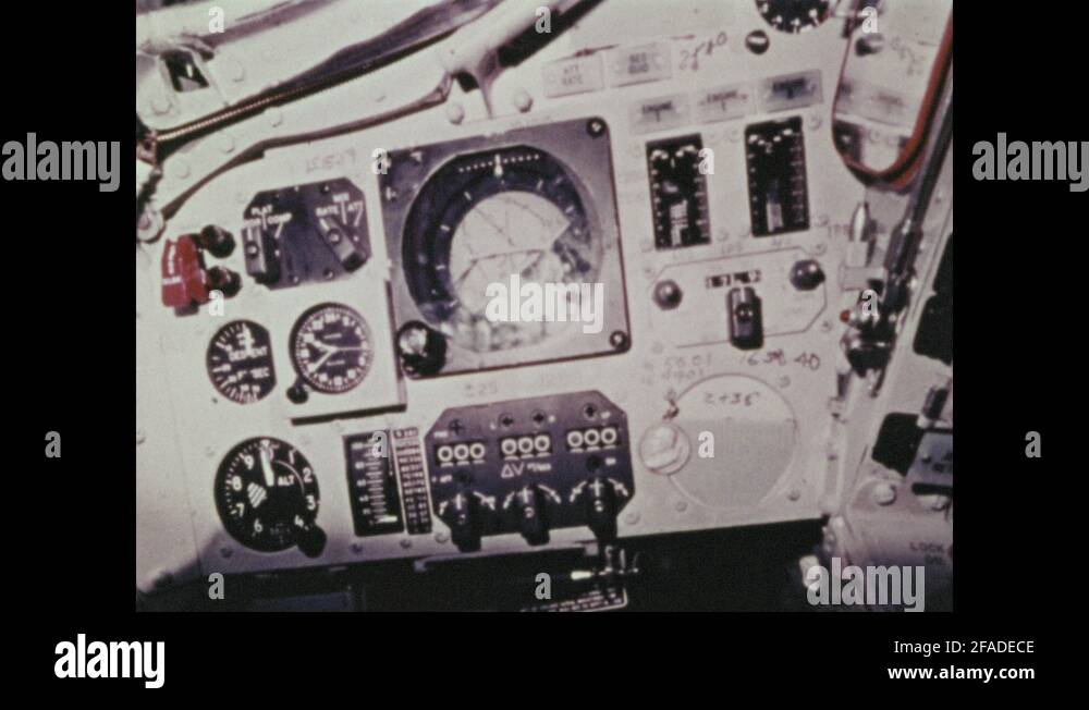 1960s: Control panels in cockpit of spacecraft. Large radar dish. Men ...