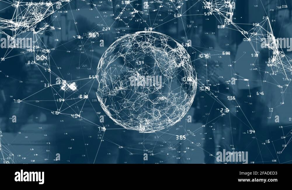 Spinning digital globe with data connections against street background ...