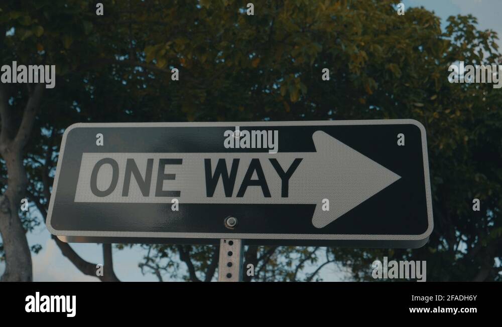 Driving past a one way sign in black and white writing with trees in ...