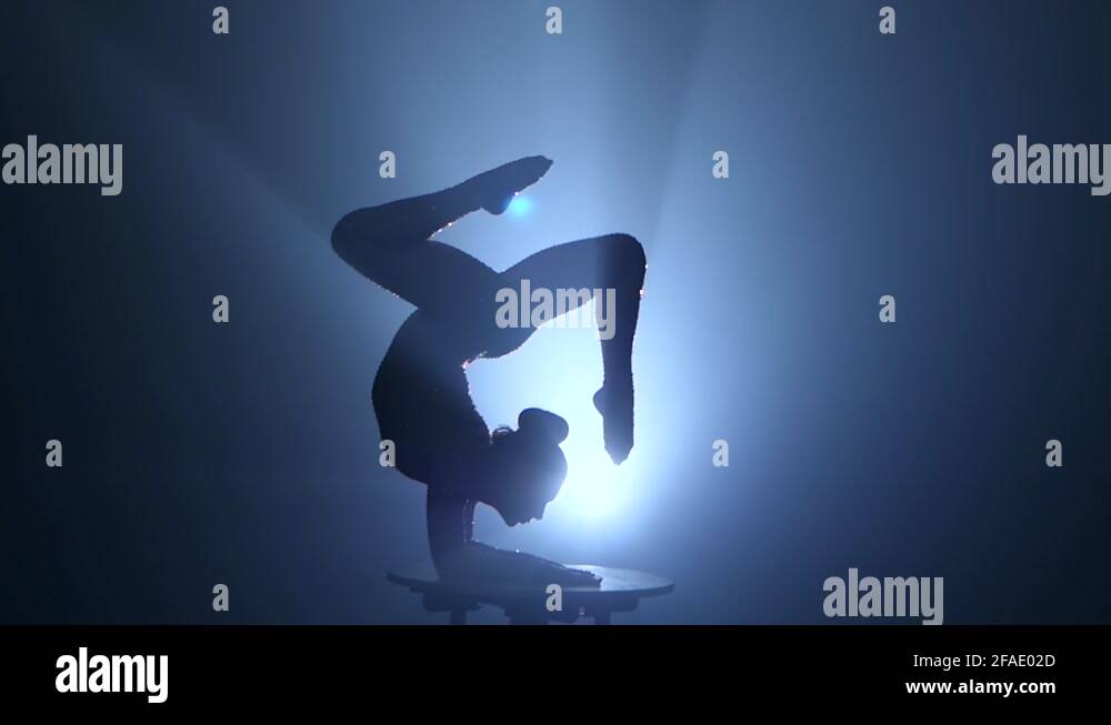 Acrobat girl in the circus. Smoke background. Slow motion. Silhouette ...