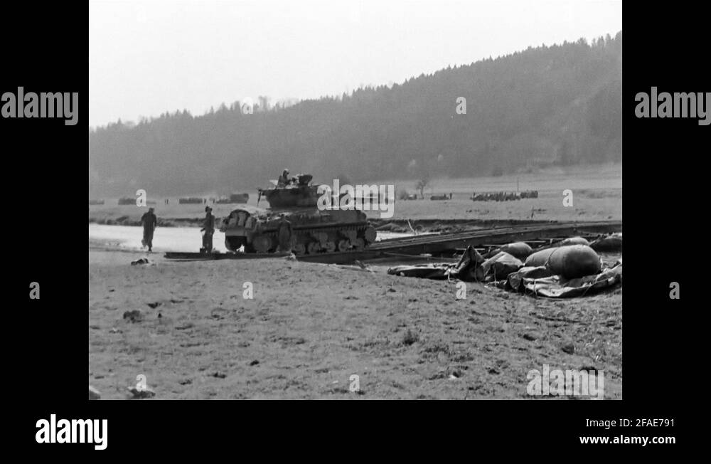 US Army Tank Crossing A Floating River Bridge During WW II Stock Video ...