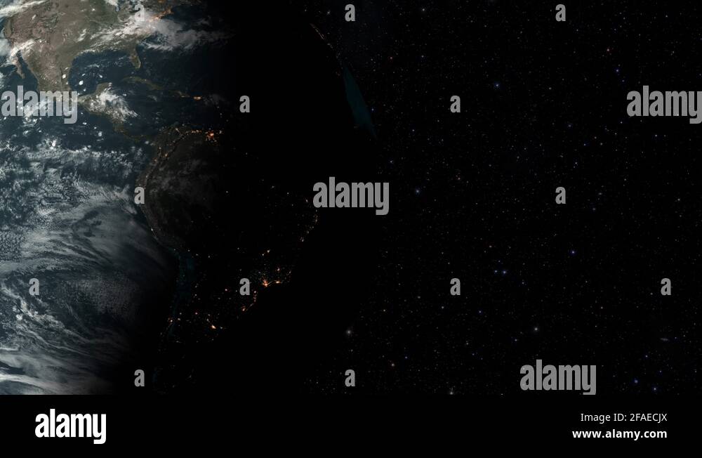 CGI composite: planet earth rotating screen-left, half lit with a ...