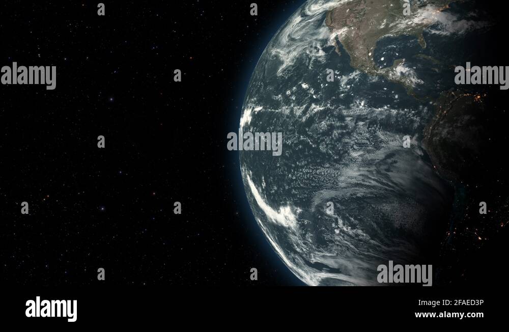 CGI composite: planet Earth rotating, screen-right, half lit with a ...
