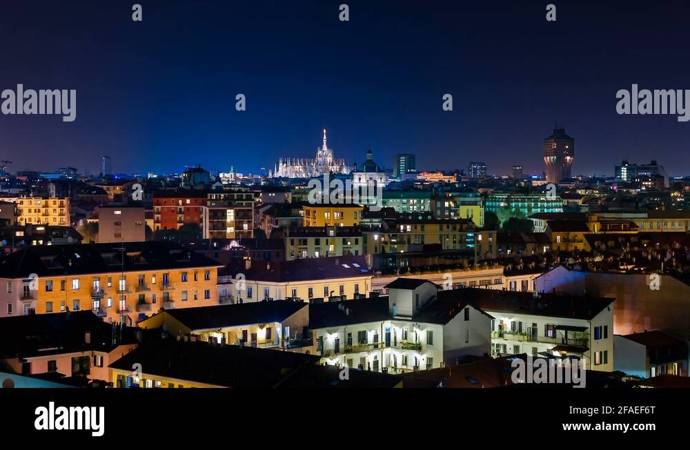 Milan Cathedral Skyline At Night Aerial View Duomo di Milano, Timelapse ...