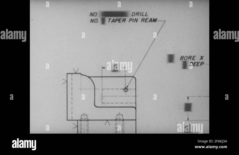 1940s: Technical drawing of clamp part. Man places pin into hole on ...