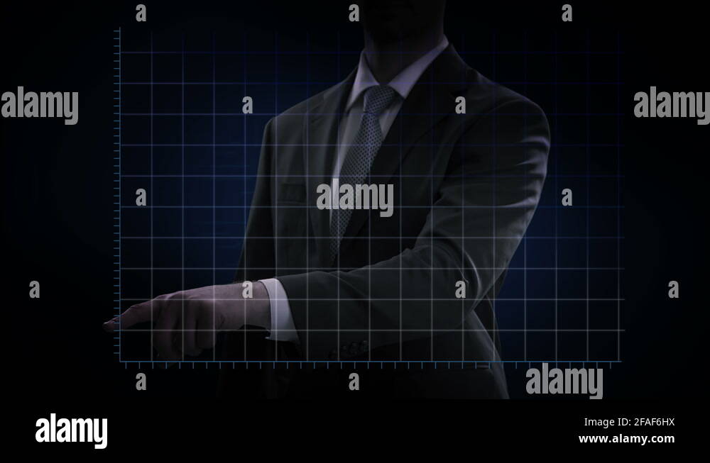 Businessman moves finger up, animated charts bar graphs. Increase blue ...